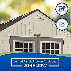 Suncast 13' x 8' Tremont Storage Shed with Windows - Natural Wood-like Outdoor Storage for Power Equipment and Yard Tools - All-Weather Resin Material, Skylights and Shingle Style Roof, 13' 2-3/4" by 8' 4-1/2"