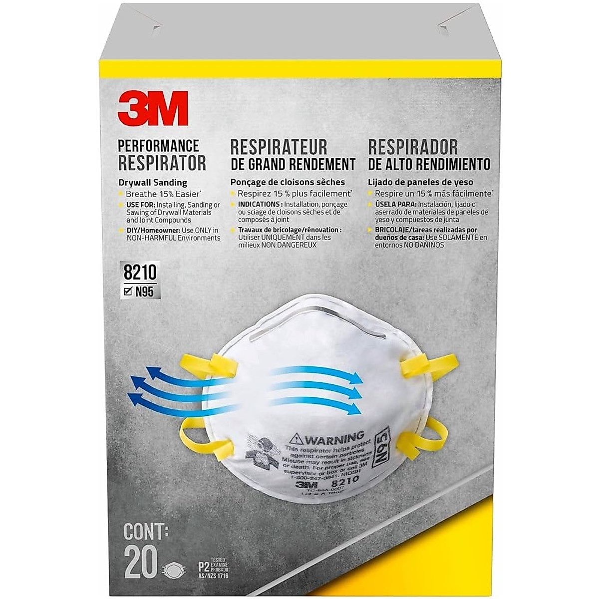 3M Personal Protective Equipment Particulate Respirator 8210 + N95 + Smoke + Dust + Grinding + Sanding + Sawing + Sweeping (Box/20)