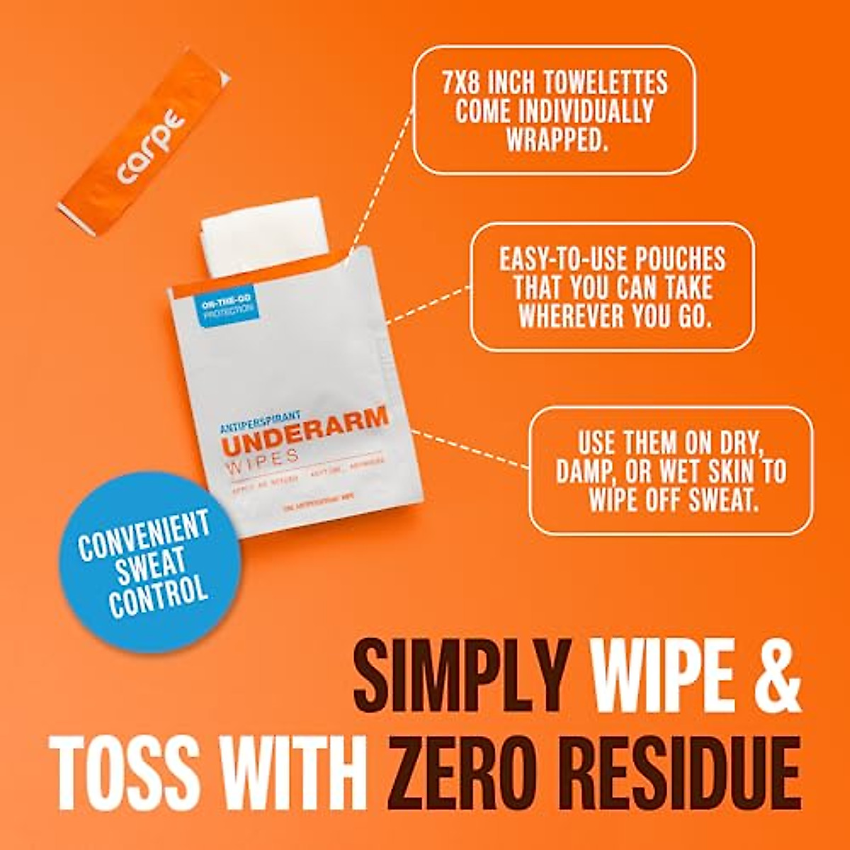 Carpe Antiperspirant Underarm Wipes for Sweat Blocking, Deodorizing, and Cleansing When You’re On the Move - 15 Residue Free, Individually Wrapped Wipes - Clean and Refreshing Scent