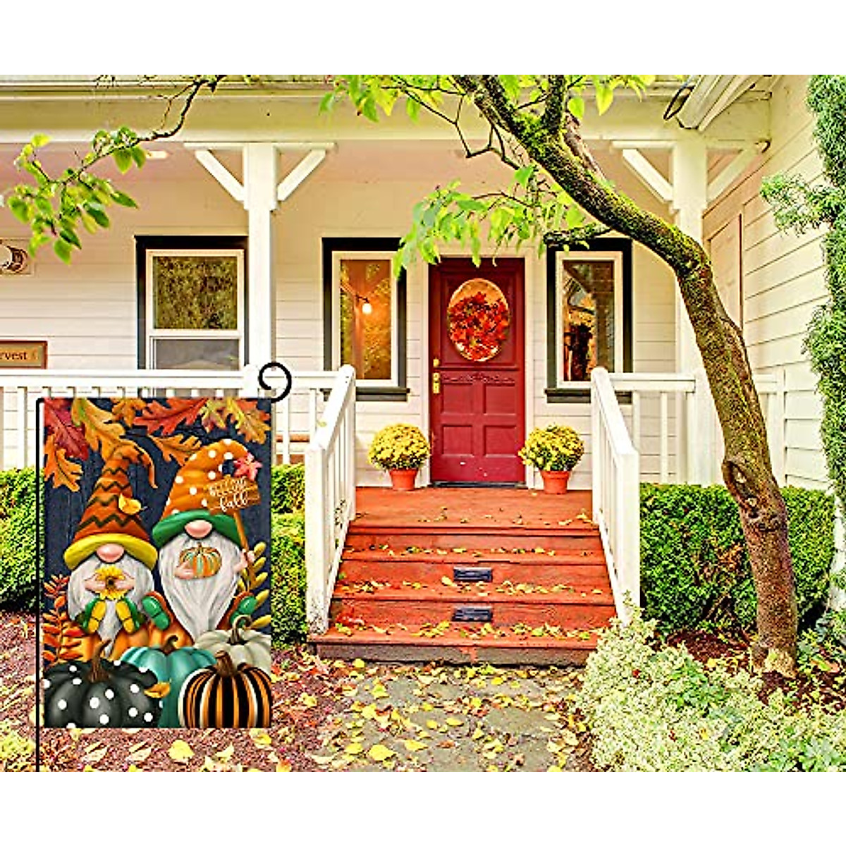BLKWHT Fall Pumpkin Gnomes Small Garden Flag 12x18 Inch Vertical Double Sided Welcome Halloween Thanksgiving Maple Leaves Burlap Yard Outdoor Decor BW031-18