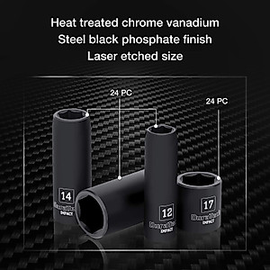 DURATECH 55-Piece Socket Set, 1/2’’ & 6 Point Impact Socket Set, 7 Accessories included, 24 Both Standard Impact Sockets and Deep Impact Sockets in SAE (3/8’’ to 1-1/16’’) & Metric (12 to 27mm)
