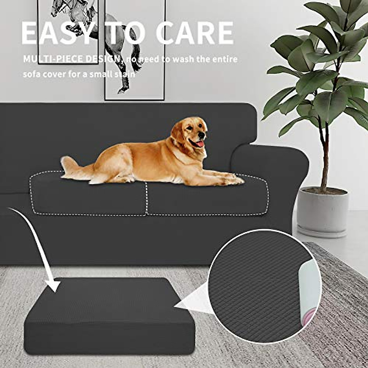 Easy-Going Couch Cover, Stretch Sofa Cover with 3 Cushion Covers, Washable Spandex Jacquard Fabric, Elastic Furniture Protector for Pets, Kid (Large, Dark Gray)