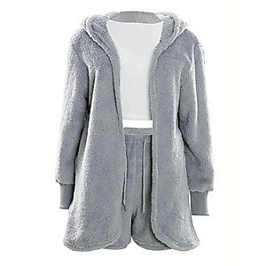 Vakkest Women's Fuzzy 3 Piece Sweatsuit Open Front Cardigan Crop Tank Tops Lounge Sets Outfit Pajamas Sherpa Outwear Nightwear