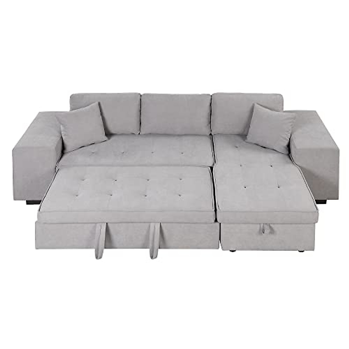 BIADNBZ 104" Sectional Sofa Sleeper with Pull Out Bed and Storage Chaise Lounge, Modern L-Shape Couch Linen SofaBed w/2 Stools for Living Room, Gray