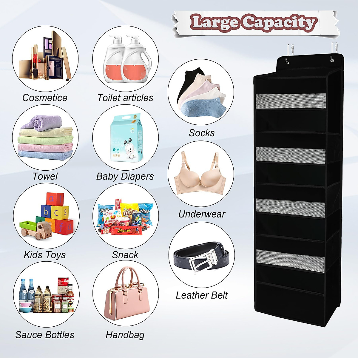 CLMMYCL Over The Door Organizer Storage, 5 Shelf Hanging Door Organizer with 5 Large Capacity Pockets, Anti Tilt 44 lb Load Behind Door Organizer for Bedroom, Pantry, Bathroom,Nursery (Black)