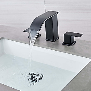 LOOPAN Bathroom Faucet for 3 Hole, Waterfall Matte Black 8 Inch Widespread Bathroom Faucets & Parts, Modern 3 Piece Bathroom Sink Faucet, Touch On Bathroom Sink Faucet with Drian&Hoses