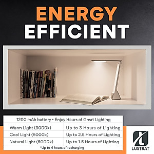 Lustrat LED Desk Lamp - Minimalistic Office Desk Lamp - Rechargeable Lamp with Bed, Study, and Work Desk Light Modes - Portable Table Desk Lamp for Back to School and Work from Home Set-up - Silver