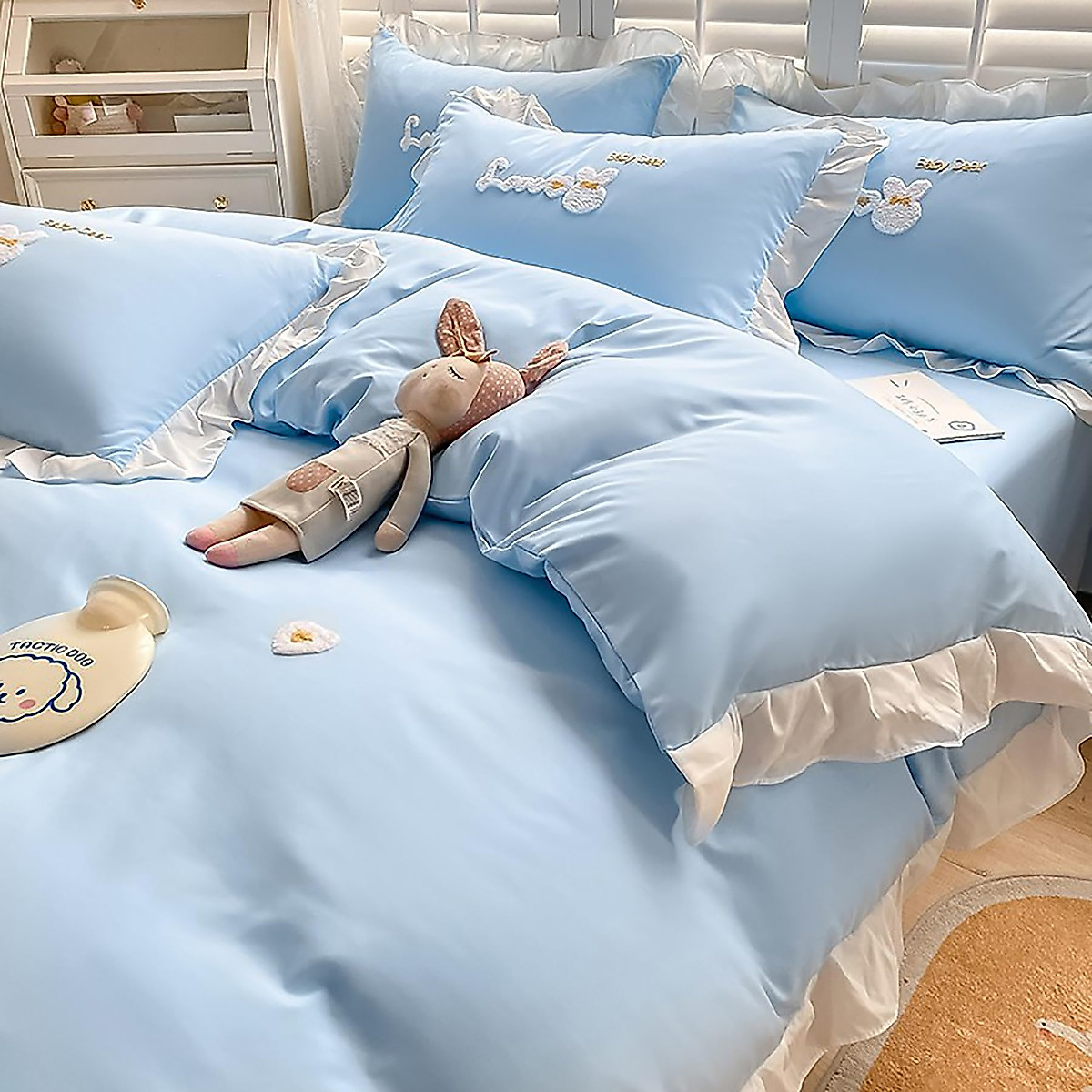 Lace Duvet Cover Set Queen, Soft Breathable Washed Cotton 4 Piece Bedding Set, Cute Princess Style Towel Embroidery Bed Sheets Set, with Zipper Closure,Yellow 3,Twin XL