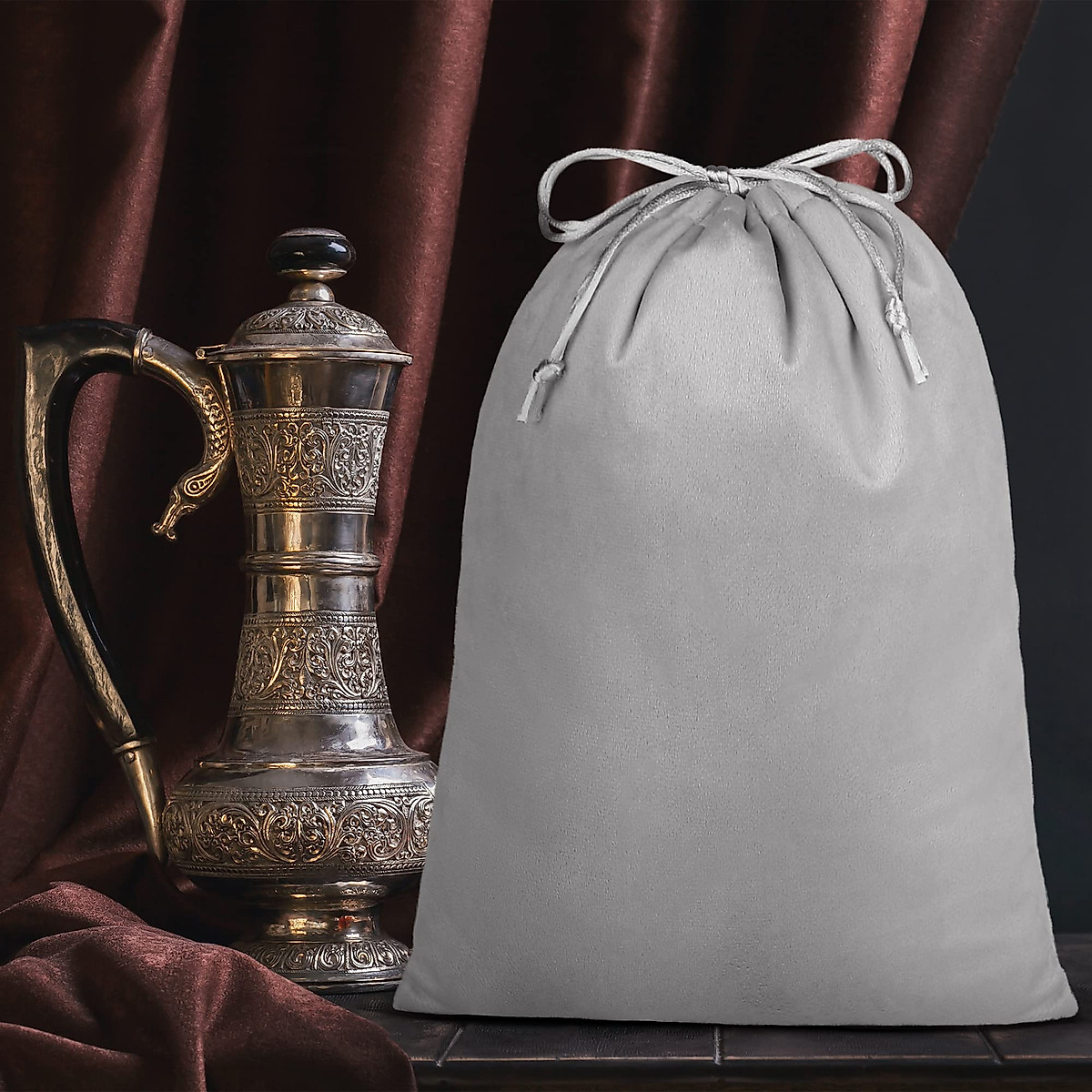 Kochorie 6 Pack Silver Storage Bags Anti Tarnish Storage Bag Fabric Cloth Bags with Diverse Sizes for Jewelry Silverware Protection Flatware Plate Tarnish, Grey