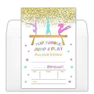 YUEXLL Gymnastics Birthday Party Invitations Cards with Envelopes, Gymnastics Party Invitations, Jump Birthday Celebration Supplies, Double-sided Fill-in bday Invites for Boys Girls- A21