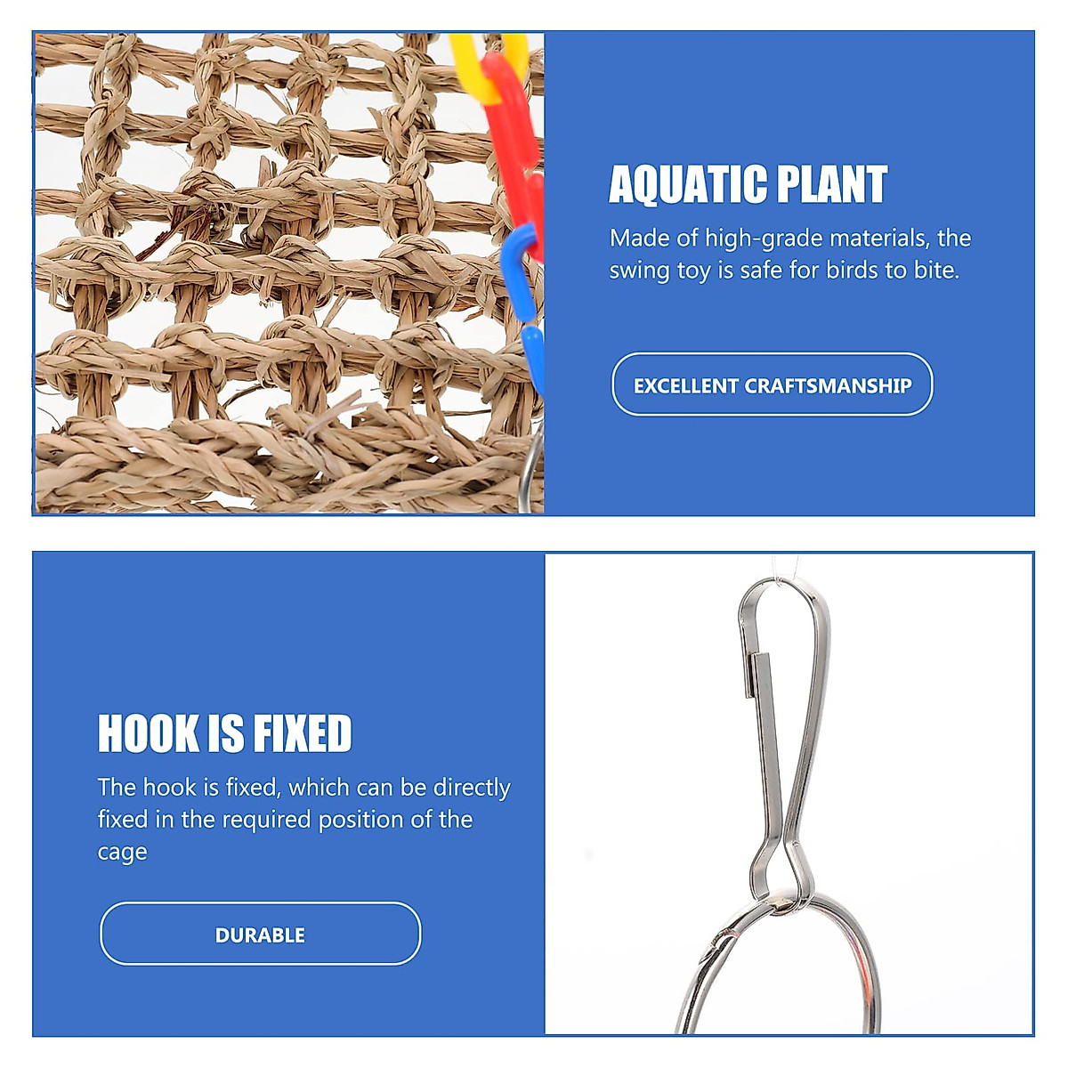 VILLCASE Bird Foraging Cage , Seagrass Woven Climbing Hammock Swing Mat with Colorful Chewing Rope Toys, Suit for Lovebirds, Finch, Parakeets, Conure, Cockatiel