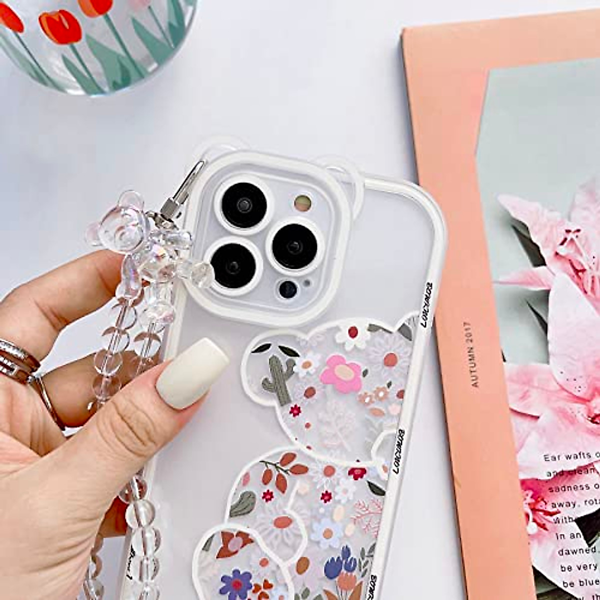 Shinymore for iPhone 13 Pro Max Case,Cute Flowers Bear Camera Protector Clear Case with Lovely Strap Bracelet Chain Girls Women Case for iPhone 13 Pro Max