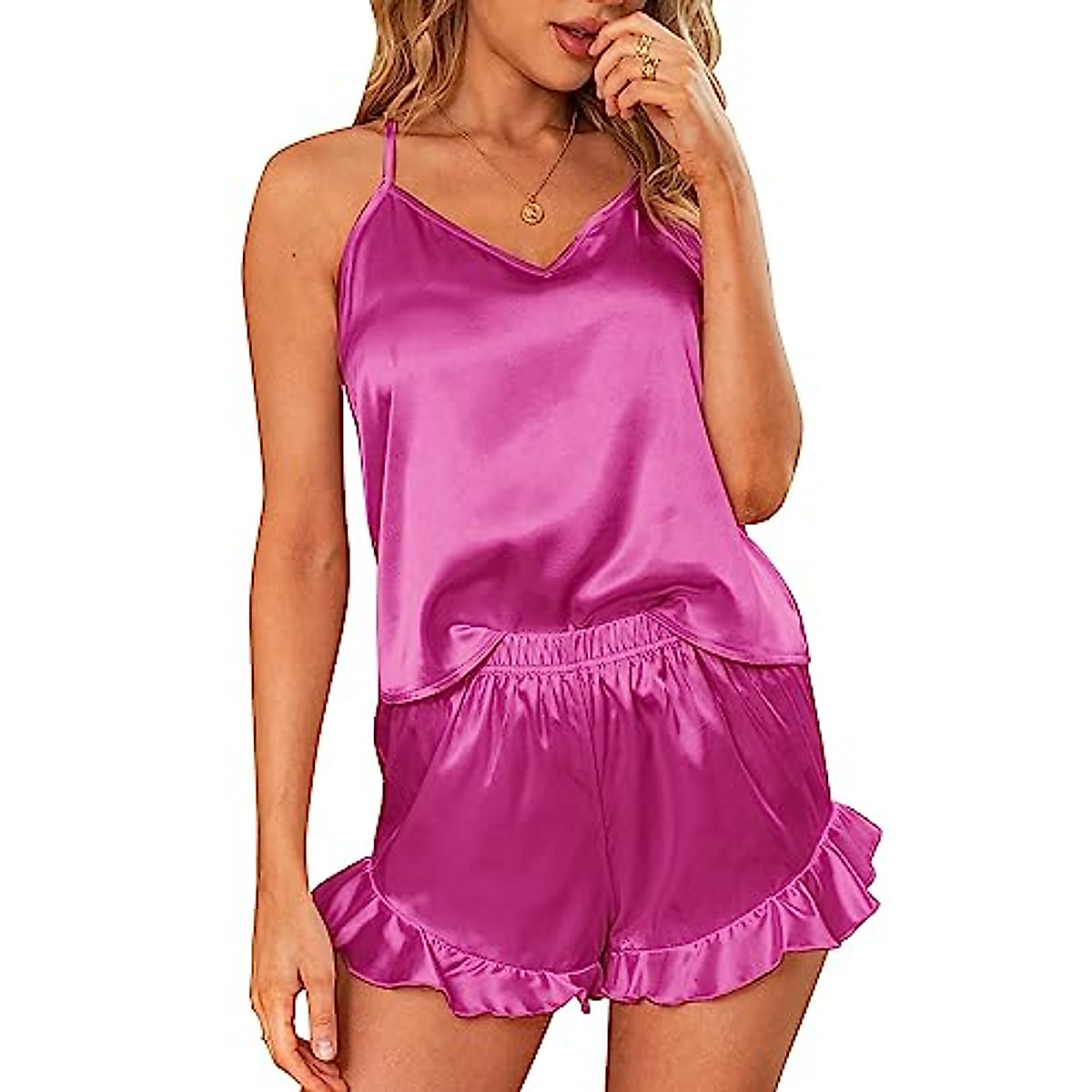 FERDAT Women's Silk Pajamas Set Satin Ruffle Lingerie 2 Piece Pjs Cami Top and Shorts Sleepwear Rose
