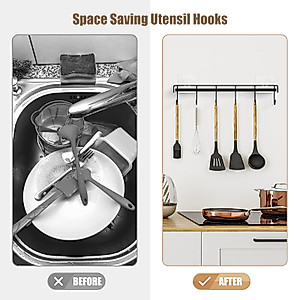 HOMEBROS Kitchen Utensil Rail Rack, 2 Packs Adhesive Utensil Rack Holder with 6 Hooks No Drilling Wall Mounted Hanger for Kitchenware Cups Mugs Towels - Black