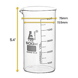 EISCO Beaker, 500ml - Tall Form with Spout - White, 50ml Graduations - Borosilicate 3.3 Glass
