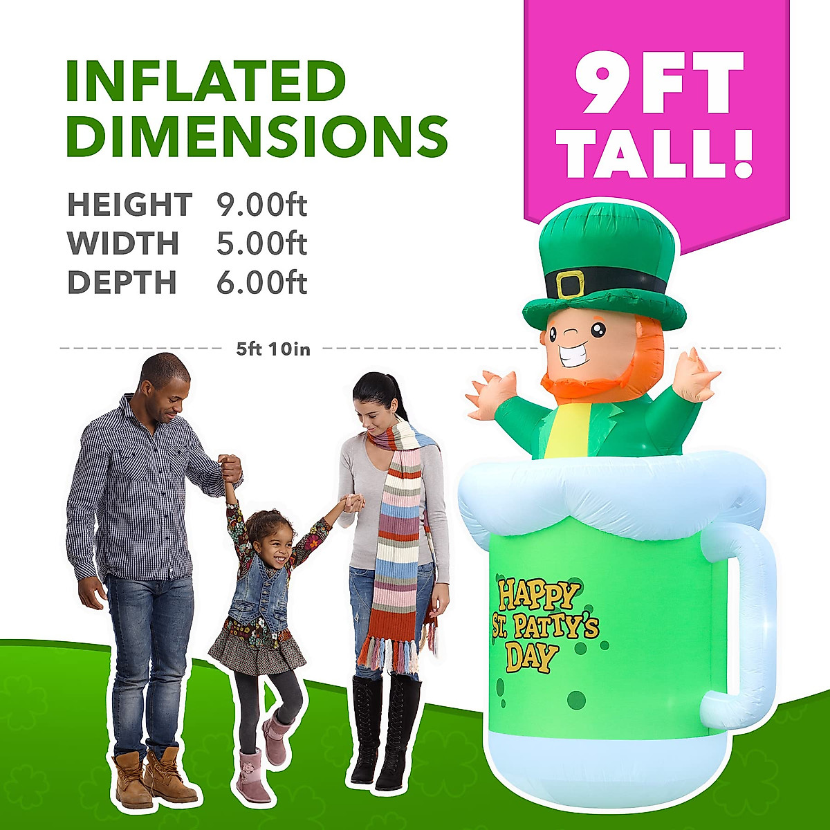 Holidayana 9ft St Patricks Day Inflatable Leprechaun Beer Mug - St Patty’s Leprechaun Coming Out of Beer Blow Up Yard Decoration, Includes Built-in Bulbs, Tie-Down Points, and Powerful Built-in Fan