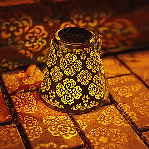 Outdoor Lanterns, Moyisea Hanging Solar Lantern Lights with Rattan Handle and Metal Hollow-Out Flower Lace, Waterproof Decorative Lantern for Patio, Porch, Garden and Tabletop, Bronze