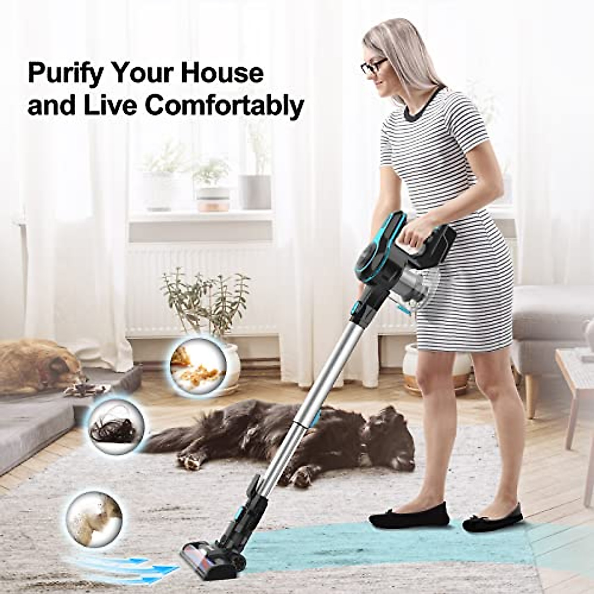 INSE Cordless Vacuum Cleaner, 6-in-1 Rechargeable Stick Vacuum with 2200 m-A-h Battery, Powerful Lightweight Vacuum Cleaner, Up to 45 Mins Runtime, for Home Hard Floor Carpet Pet Hair-N5S Azure
