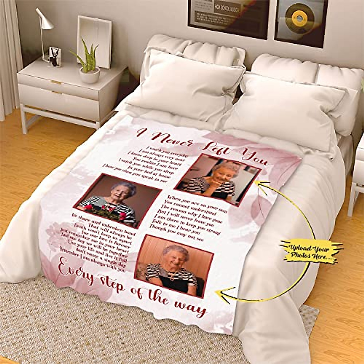 Custom Memorial Blanket, Gift for Loss of Loved Ones, Family, Friend, I Never Left You, Condolence Bereavement Gift Fleece Blanket with Personalized Pictures for Couch Bed Sofa Printed in USA
