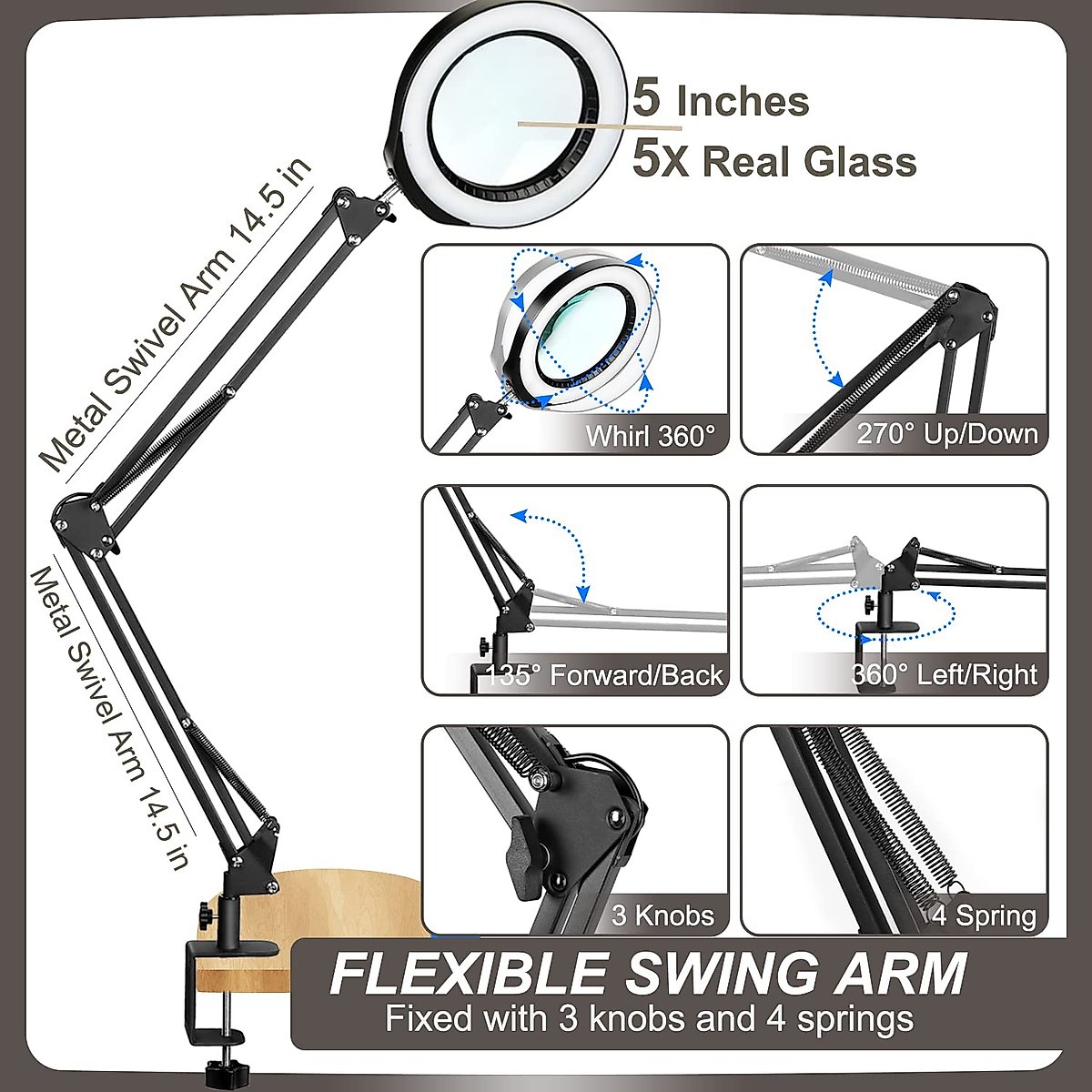 VEEMAGNI 5 Inch Large Magnifying Glass with Light and Stand, 5 Color Modes Stepless Dimmable, Long Swivel Arm LED Clamp Desk Lamp, Hands Free 8X Lighted Magnifier for Close Work Craft Hobby Soldering