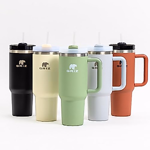 GRIZ Soft Matte H20 Flow (Bay Leaf) | 40 oz Tumbler with Handle and Straw Lid | Insulated Cup Reusable Stainless Steel Water Bottle Travel Mug Cupholder Friendly | Gifts for Women Men | Coffee Water