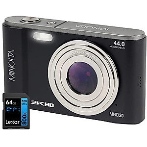 Minolta MND20-BK 44 MP / 2.7K Ultra HD Digital Camera Black Bundle with Lexar 64GB High-Performance 800x UHS-I SDHC Memory Card Blue Series