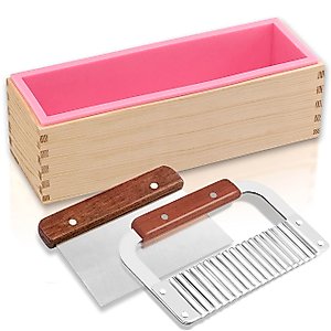 LERYKIN Rectangular Soap Mold Kit with Cutter- 42oz Flexible Silicone Loaf Soap Mold with Wood Box, Stainless Steel Wavy & Straight Scraper for Homemade Craft Soap Making Supplies