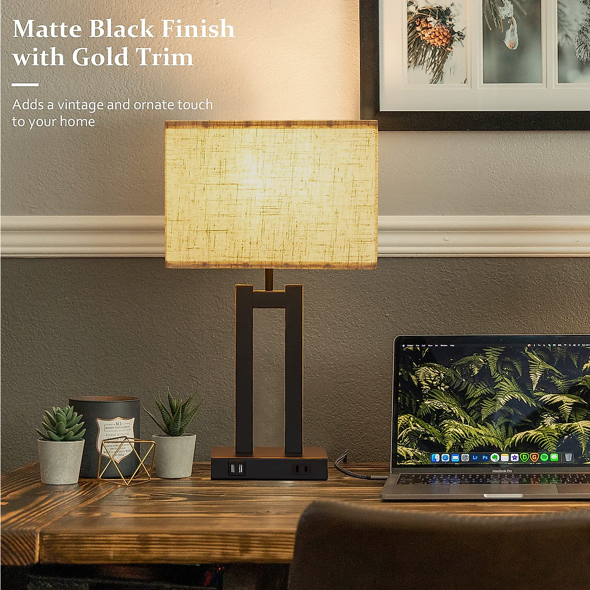 SURAIELEC Table Lamps Set of 2, Touch Control Nightstand Lamp with 2 USB Charging Port & AC Outlet, 3-Way Dimmable Table Lamp for Bedroom, Living Room, Beige Linen Lampshade, LED Bulb Included