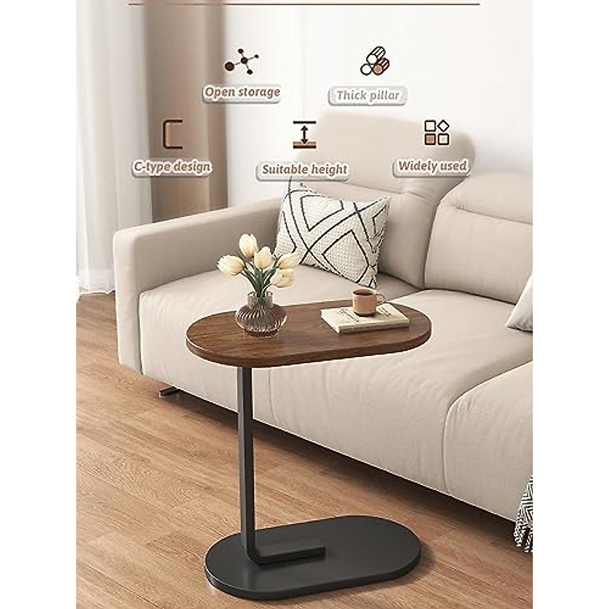 Sofa and Bed Side Table, C Shaped End table Small Coffee Table for Small Spaces, Small Side Table Bedroom Bedside Table, Living Room Wood Couch Tables that Slide Under, 18”L x 12”W (brown+black)