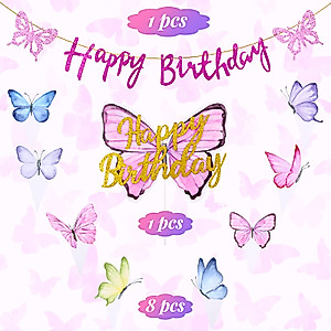Sumind Butterfly Birthday Party Decoration for Girls Purple Butterfly Party Supply Include Happy Birthday Banner Butterfly Cake Topper Butterfly Hanging Swirl Foil Latex Balloon Paper Pom Pom