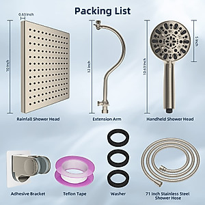 Hibbent 10" Thickness Metal Rainfall Shower Head/Handheld Showerhead Combo with 12'' Adjustable Curved Shower Extension Arm, 7-Spray, 71'' Hose, Adhesive Showerhead Holder, Brushed Nickel