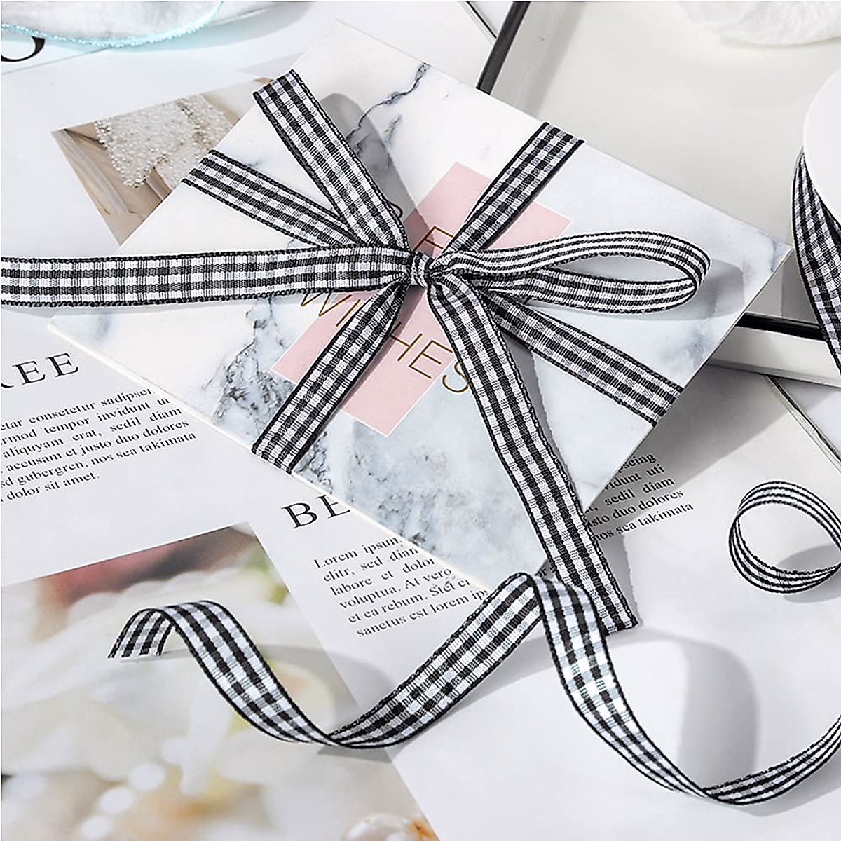 VGOODALL Black Gingham Ribbon, 3/8" x 50Yd Buffalo Checkered Ribbons Black and White Plaid Thin Crafts Ribbon for Decorations Gift Wrapping Picnic Hair Accessories