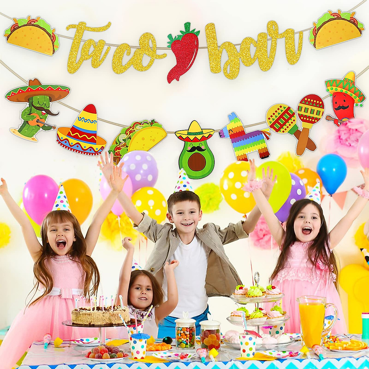 Rismise Fiesta Taco Bar Banner Garland 2 set Mexican Fiesta Party Banner with Cactus Donkey Maraca Sombrero Taco Pepper for Mexican Cinco de Mayo Fiesta Theme Party Decorations