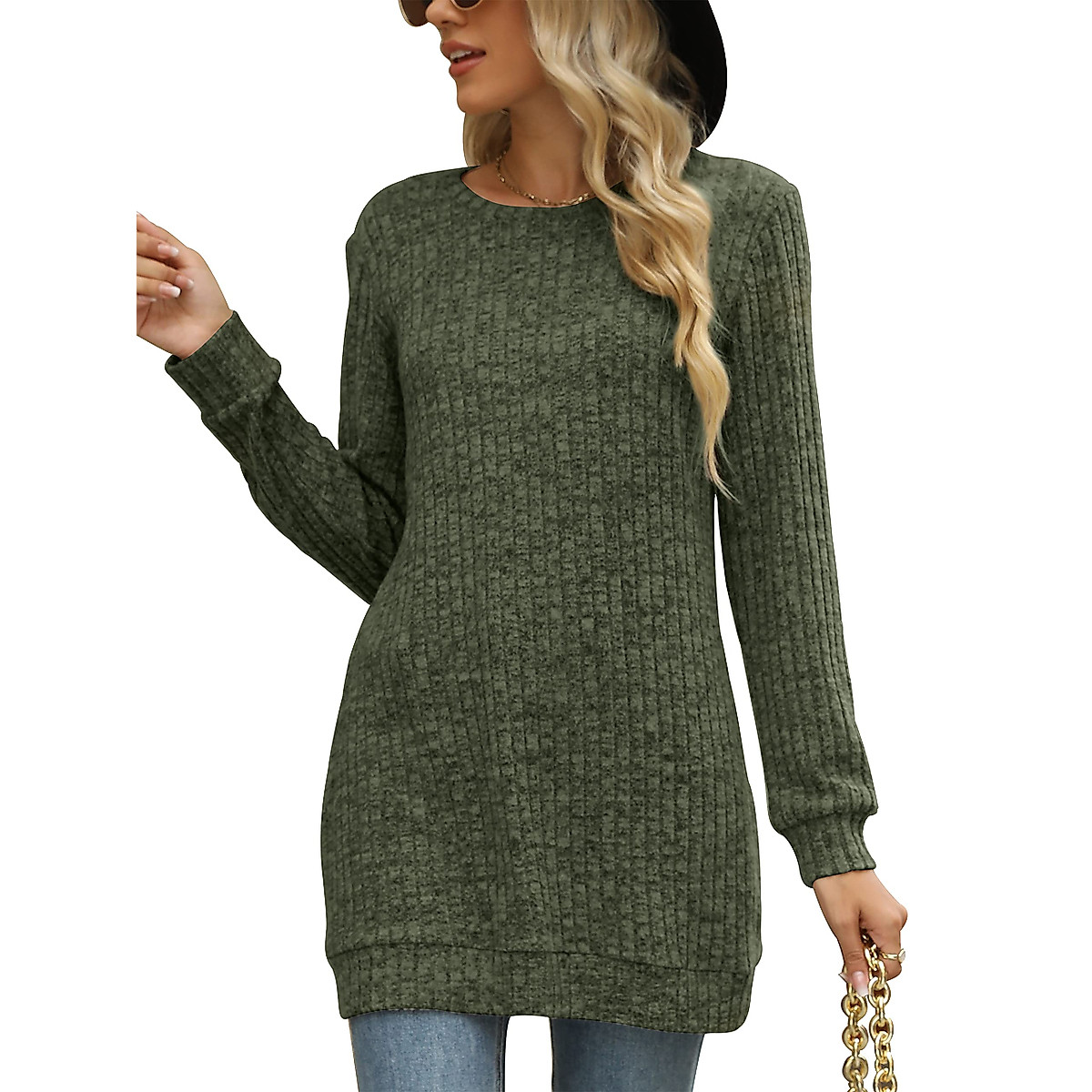 Auremore Fall Tops for Women Long Sleeve Crewneck Oversized Sweaters for Women Trendy Green