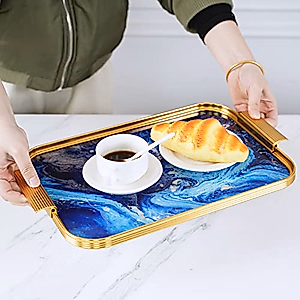 Dalimfun Glass Decorative Tray, Blue Marbling Serving Tray with Handles, Rectangular Coffee Table Tray, Decor Tray for Ottoman, Bar, Vanty, Makeup Perfume Organizer, 15.6 X 10 Inch