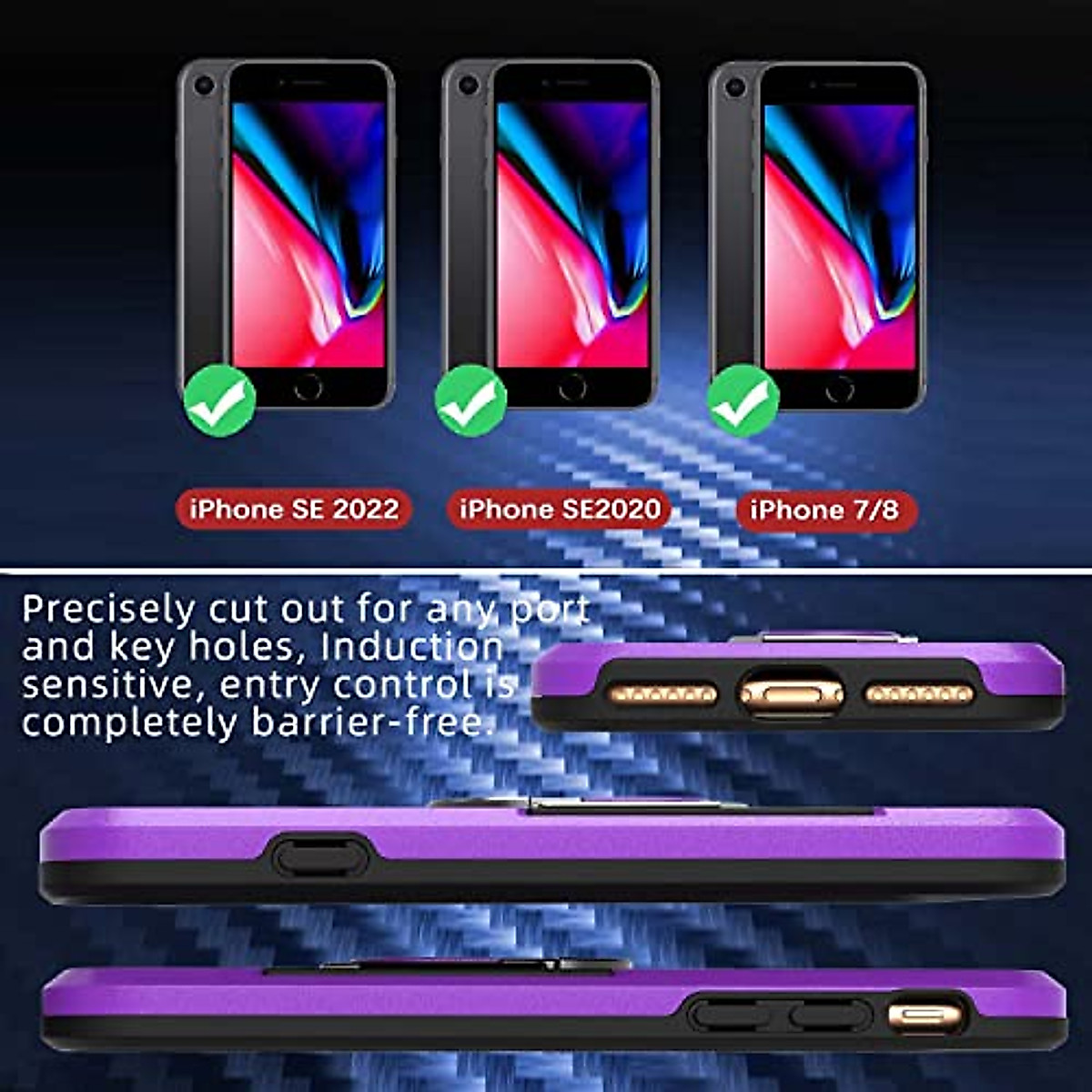 b1b byoneby Phone Case for iPhone SE 2022/SE 2020 iPhone 7/8 Heavy-Duty Shockproof Protective Rugged Cases with 2-Pack Glass Screen Protector Military Grade Fall Hard Cover,Purple