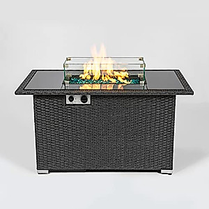 Propane Fire Pit Table, 44" Auto-Ignition Firepit Table for Outside, 50,000 BTU Outdoor Rattan & Wicker Gas Fire Table with Glass Wind Guard for Patio, Pool, Backyard, ETL Certification (Grey)