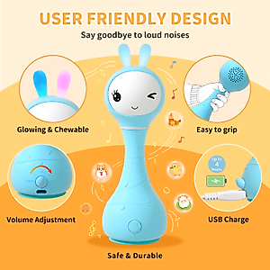 alilo Bunny Smart Baby Rattle Toys Teether Light-Up Rattles Music Stories Lullabies All-in-one - Encourage Developmental Milestones 0-24 Months for Babies Infants Newborns (Smarty Bunny, Blue)