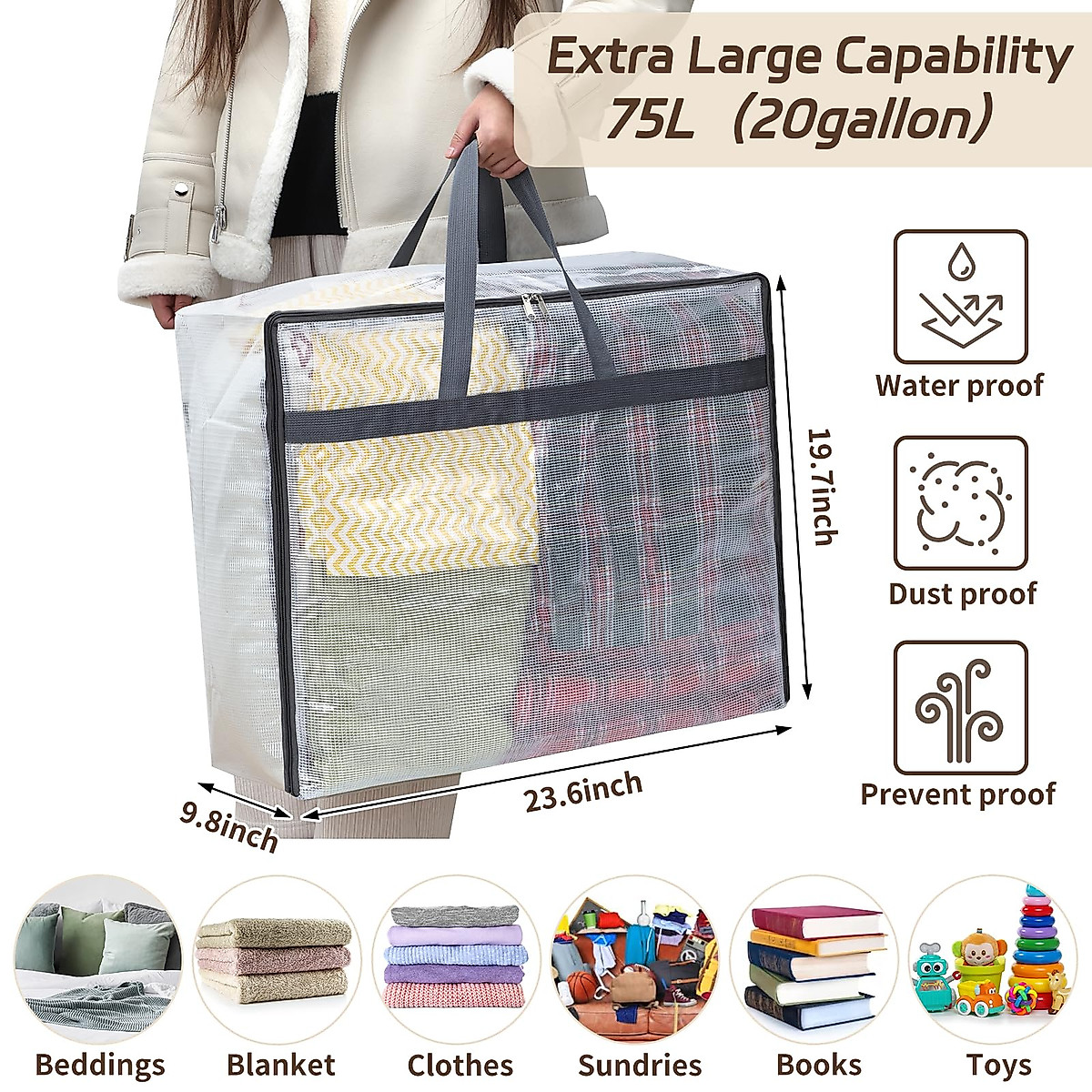 Fixwal 4 Pack Blanket Storage Bags, 75l Extra Large XL Clear Storage Bags with Zipper, Zippered Storage Bags for Blankets, Quilts, Clothes, Comforter, Bedding and Pillows