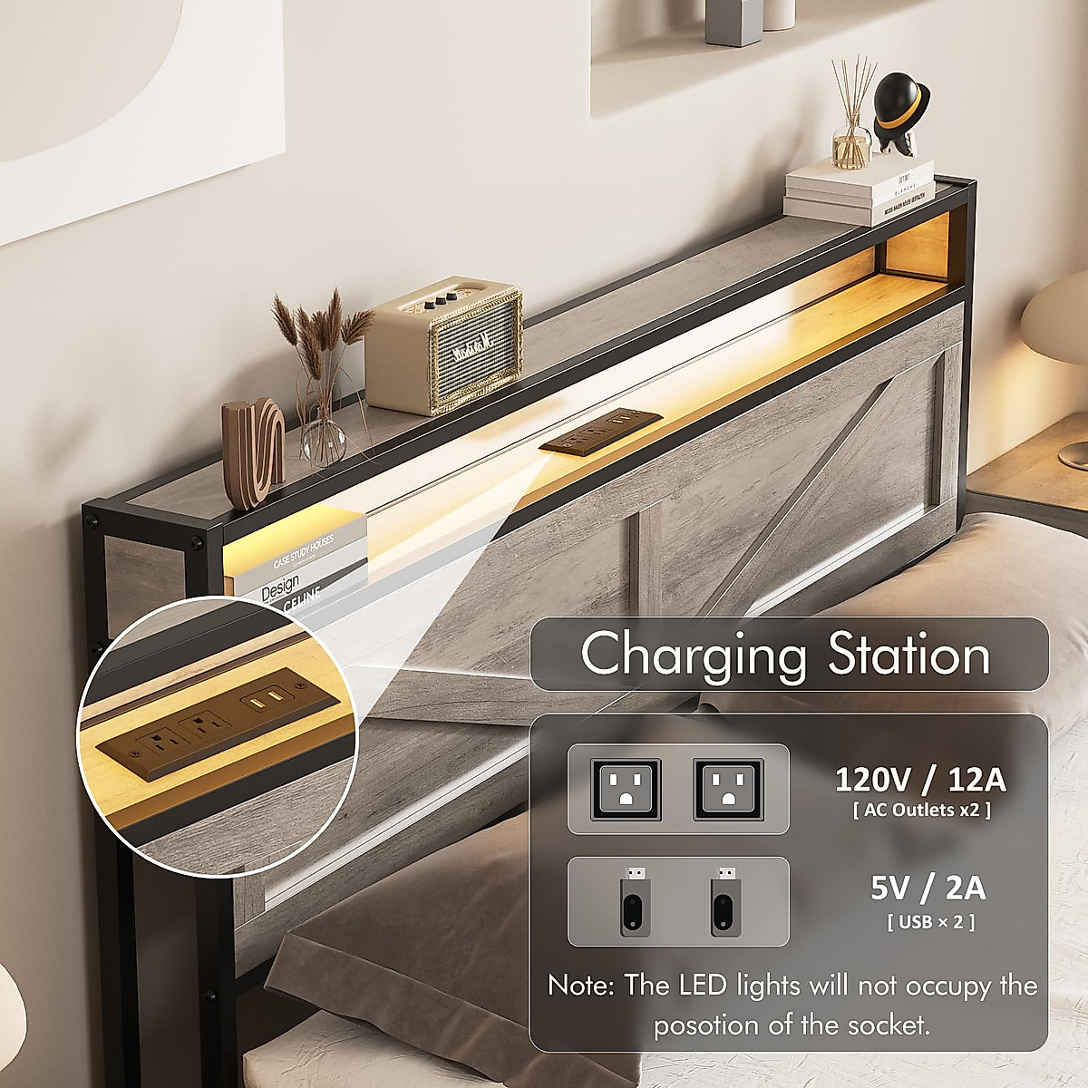 Halitaa LED Queen Size Bed Frame with Charging Station & 4 Drawers, Platform Metal Bed Frame with Headboard USB Ports Outlets, Farmhouse Bed Frame with LED Lights, Noise Free, Wash Grey (Queen)