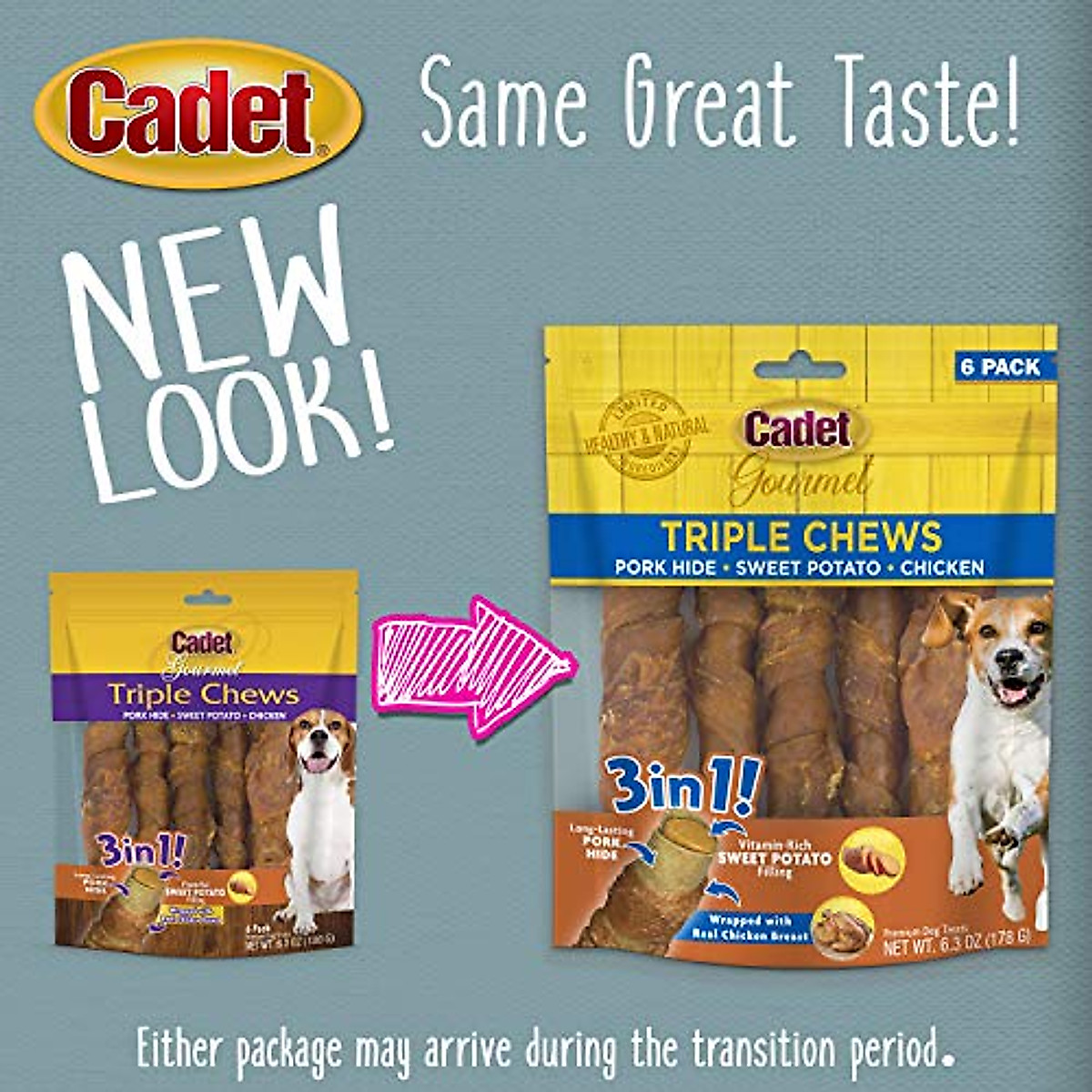 Cadet Gourmet Triple Chews Pork Hide, Sweet Potato, & Chicken Dog Treats - Healthy Dog Treats for Small & Large Dogs - Inspected & Tested in USA (6 Count)