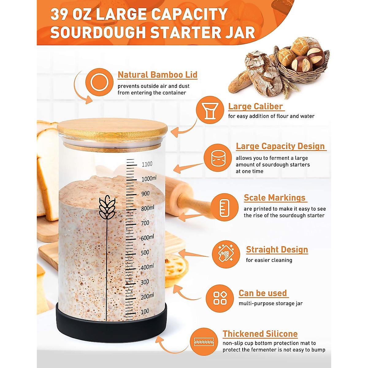 Dangyuxia Sourdough Starter Jar Kit 39 oz Sourdough Starter Jar Sourdough Starter Kit with Thermometer, Sourdough Jar Silicone Spatula, Cloth Cover & Bamboo Lid, for Sourdough Bread Baking Supplie