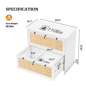 VINGLI White & Natural Rattan 2 Drawer Lateral File Cabinet with Lock, Wood Locking File Cabinets for Home Office, File Cabinet Printer Stand for Hanging Letter/Legal Size Folders, 30W x 16D x 28H