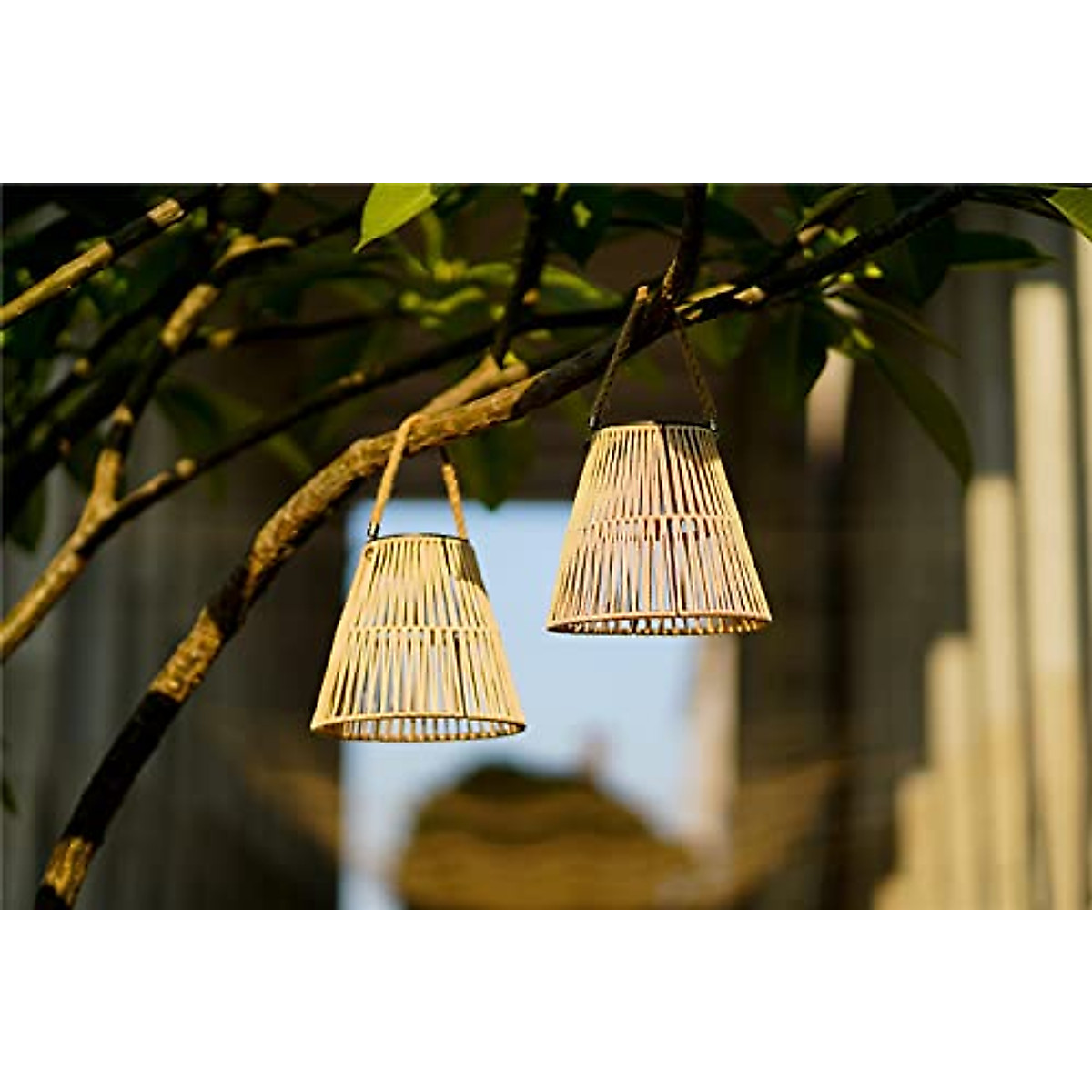 Outdoor Solar Hanging Lantern, 2 Pack Solar Lights Waterproof Table Light with Woven Rope Handle Rechargeable Decorative for Patio Backyard Garden Tree, Natural