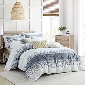 DUOMING Boho Duvet Cover King - 100% Cotton Duvet Cover King Size, White Blue Duvet Cover King with Zipper Closure & 8 Ties, 3 Piece 90x104 Bohemian Duvet Cover Set