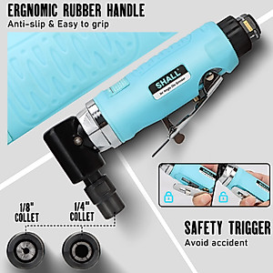 SHALL Air Die Grinder, 1/4" Pneumatic Right Angle Die Grinder, 1/4" & 1/8" Collets, Air Connector, Lubricant and Chuck Key Included, for Grinding, Polishing, Deburring, Engraving and Rust Removal