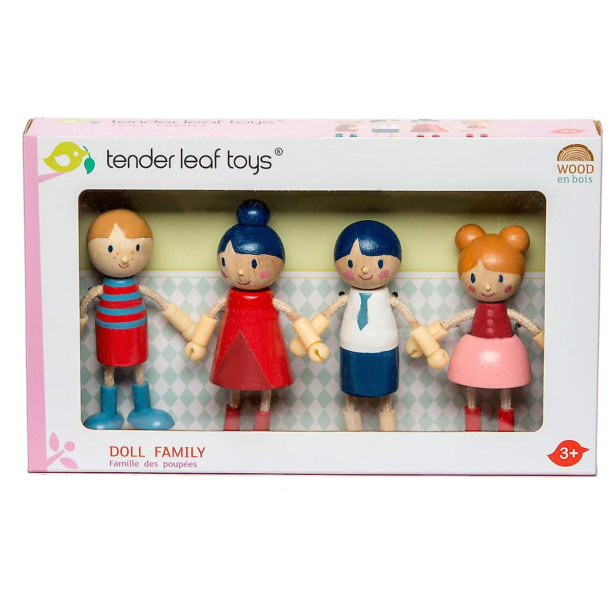 Tender Leaf Toys - Doll Family - Cute Wooden Flexible Doll Family for Kid's Dollhouse, Four Pcs of Multicultural Mom, Dad, Boy and Girl - Age 3+