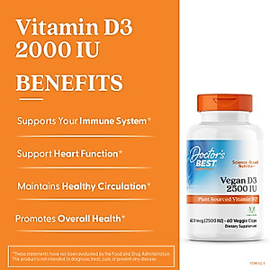 Doctors Best Vegan D3 2500 IU (Vitashine), Plant Sourced Vitamin D3, Non-GMO, Gluten Free, Soy Free, Vegan 60 Veggie Caps