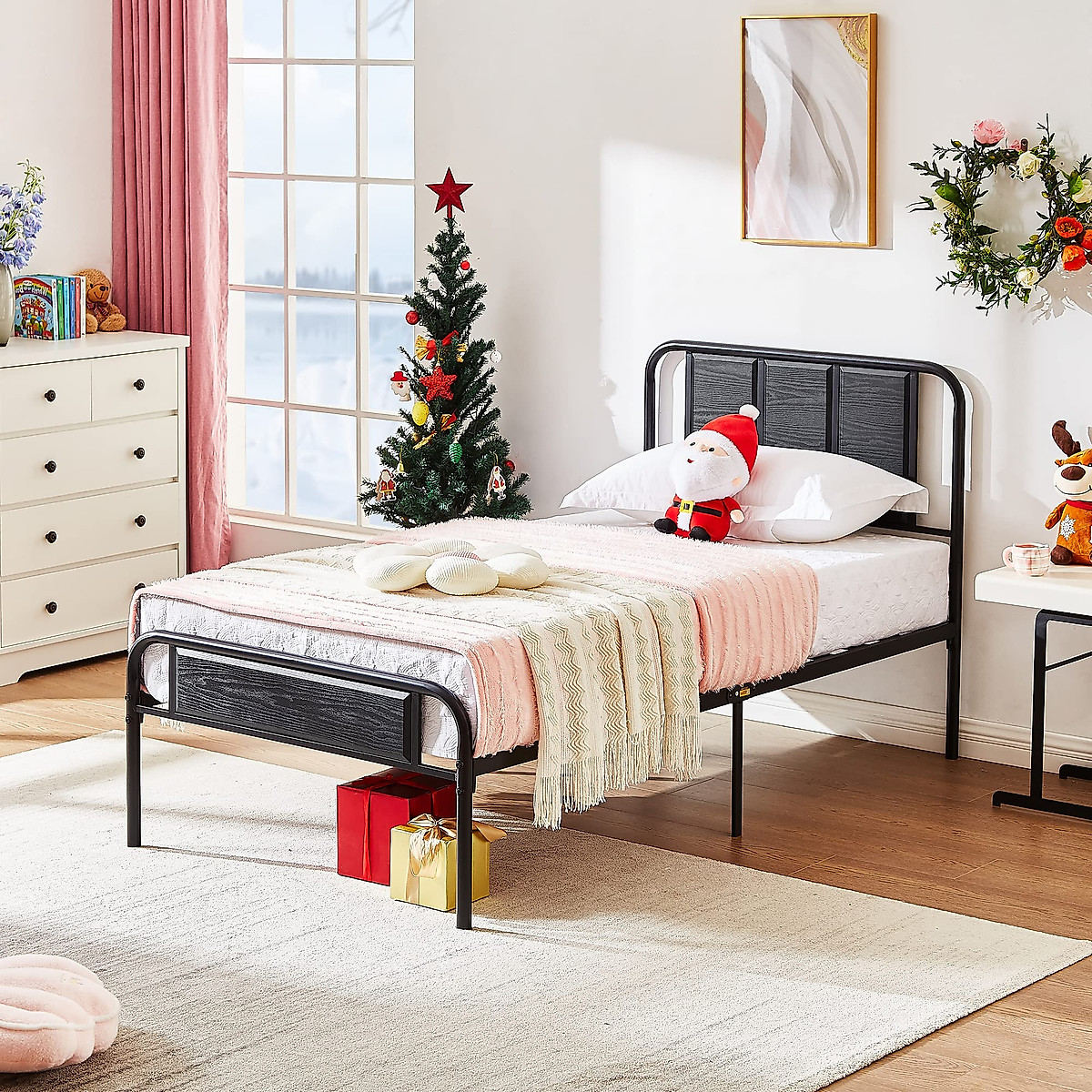 VECELO Twin Bed Frame Heavy Duty Metal Platform with Wooden Headboard Footboard Mattress Foundation 12 Strong Steel Slats Support Under Bed Storage/Easy Assemble