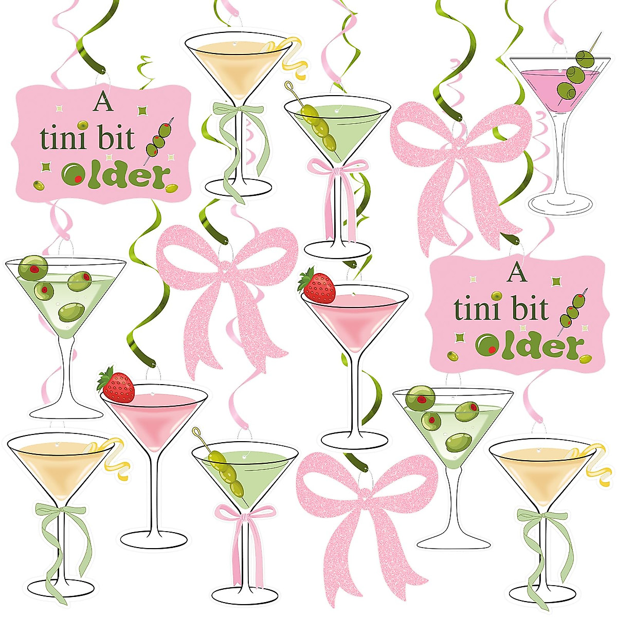 A Tiny Bit Older Birthday Party Hanigng Swirl Decorations, Martini Bow Party Decor, Tini Bar Party Ceiling Streamers for Girls Martini Birthday Party, Martini Bachelorette Bridal Shower Party Supplies